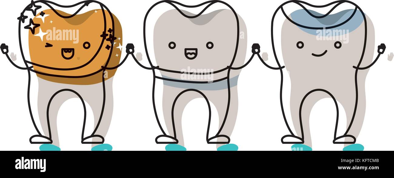 dental crown and implant and restored teeth cartoon holding hands in ...