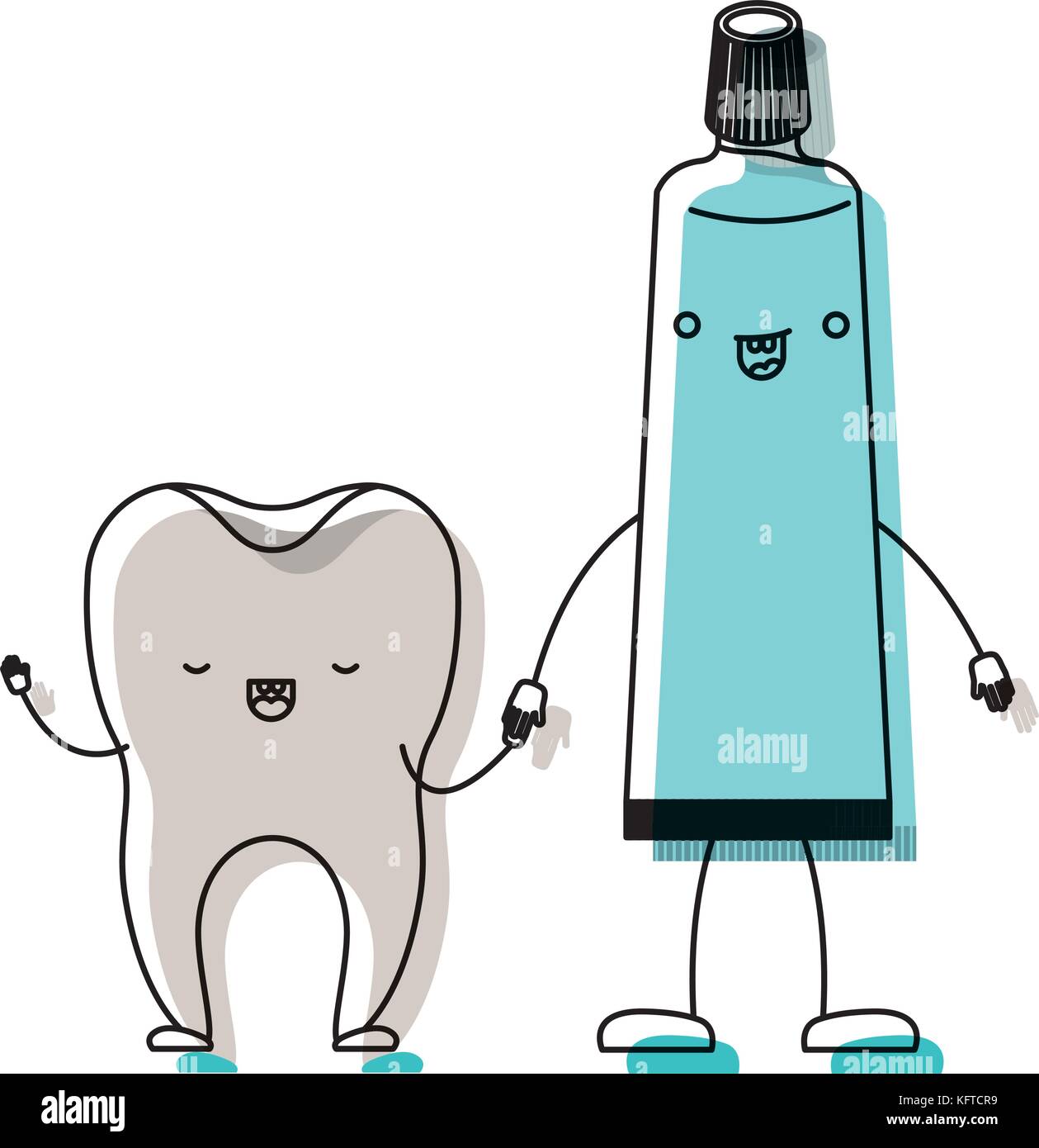 tooth and toothpaste in cartoon holding hands in watercolor silhouette ...
