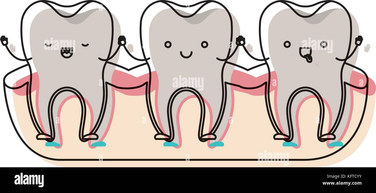 tooth cartoon on gum and holding hands in watercolor silhouette Stock ...