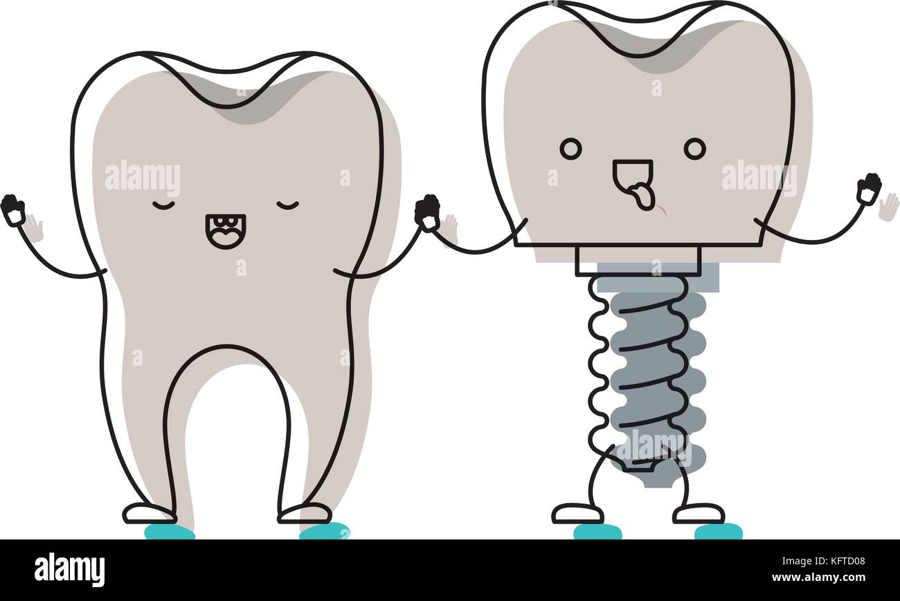 tooth and tooth implant with screw and holding hands in cartoon and ...