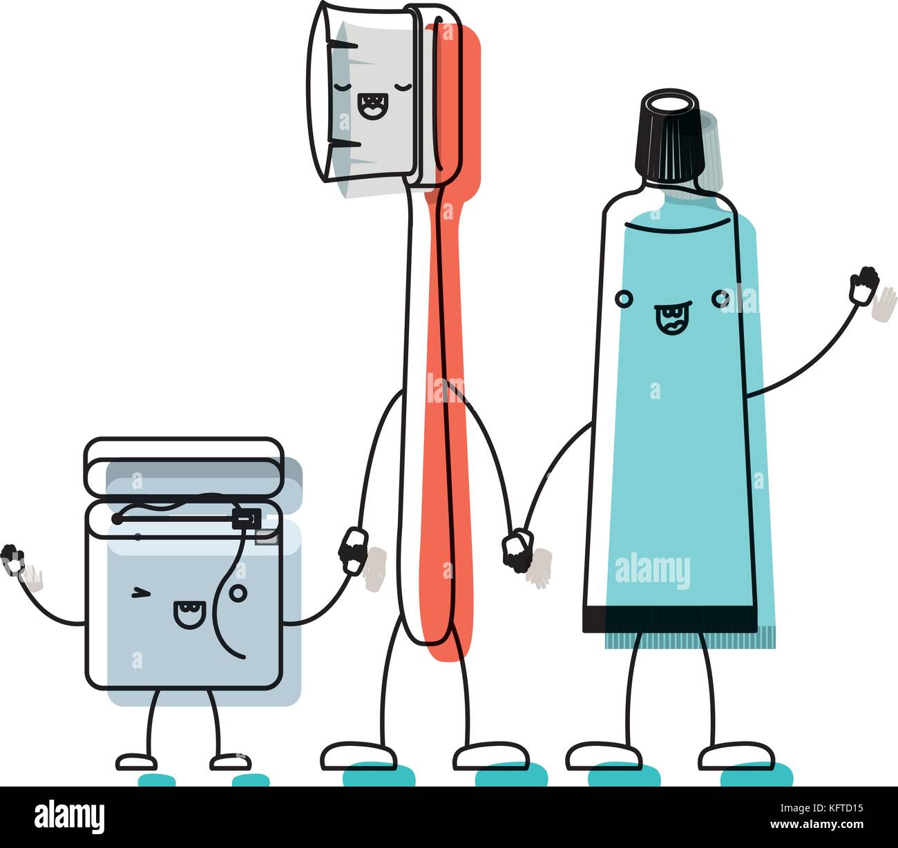 dental floss and toothbrush and toothpaste in cartoon holding hands in ...