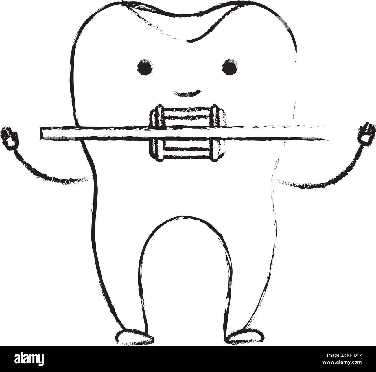 cartoon tooth with root and brace in monochrome blurred silhouette ...