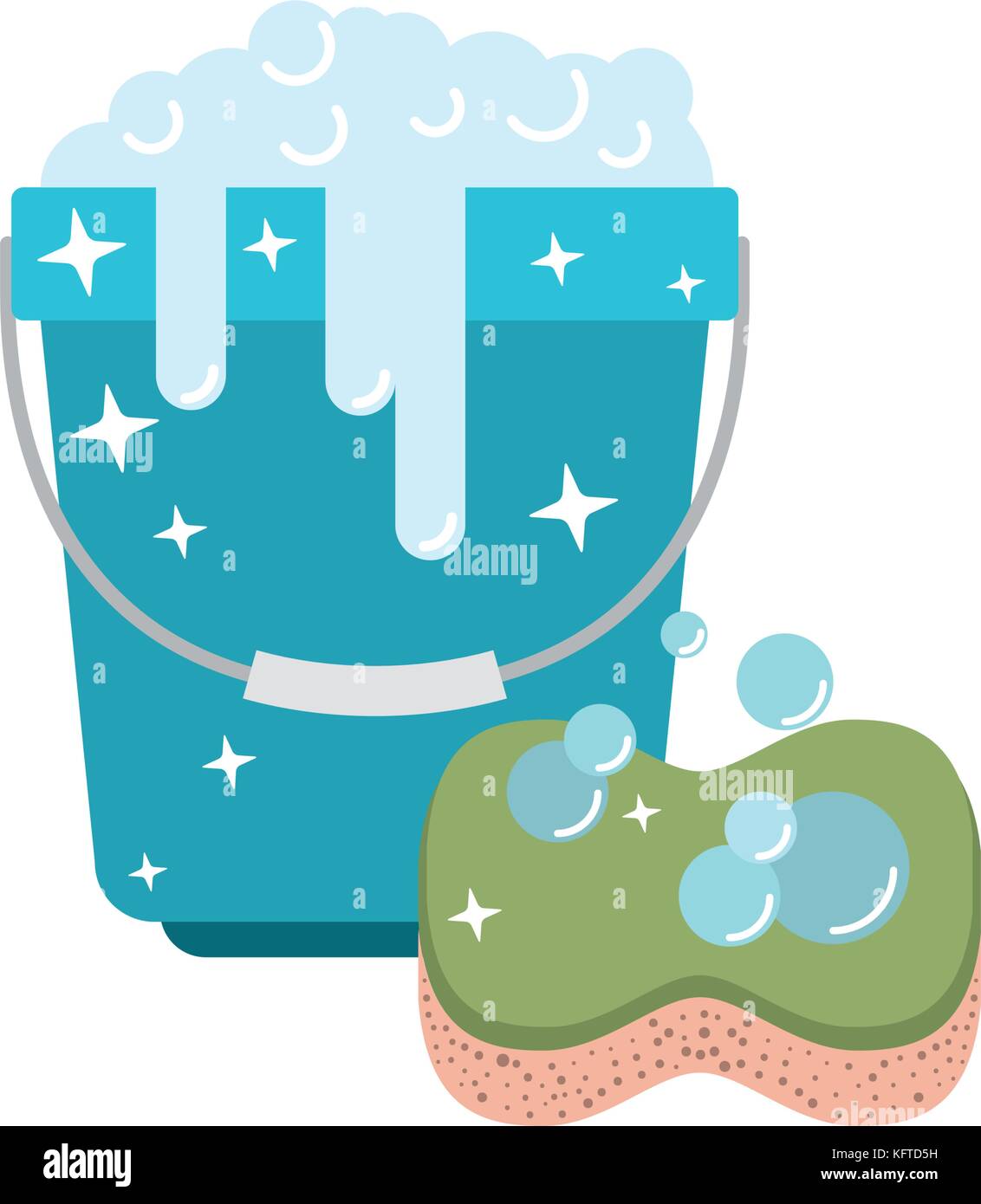 bucket with foam detergent and sponge in colorful silhouette Stock ...