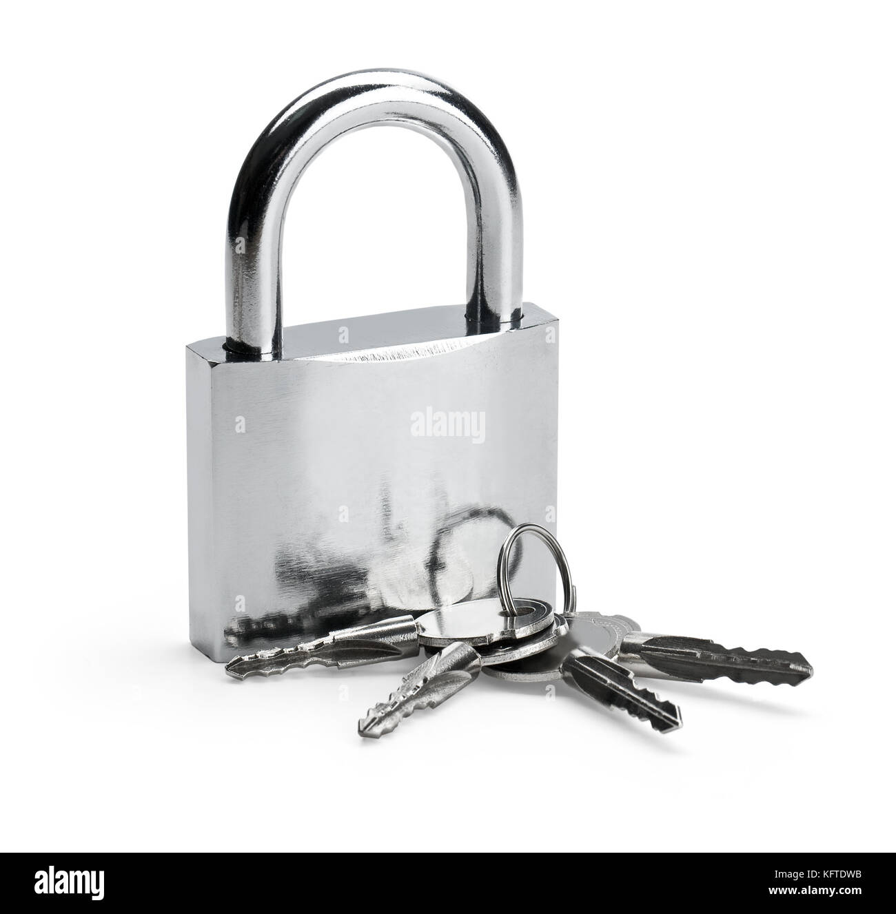 Metallic padlock with keys in keyhole isolated on white with clipping ...