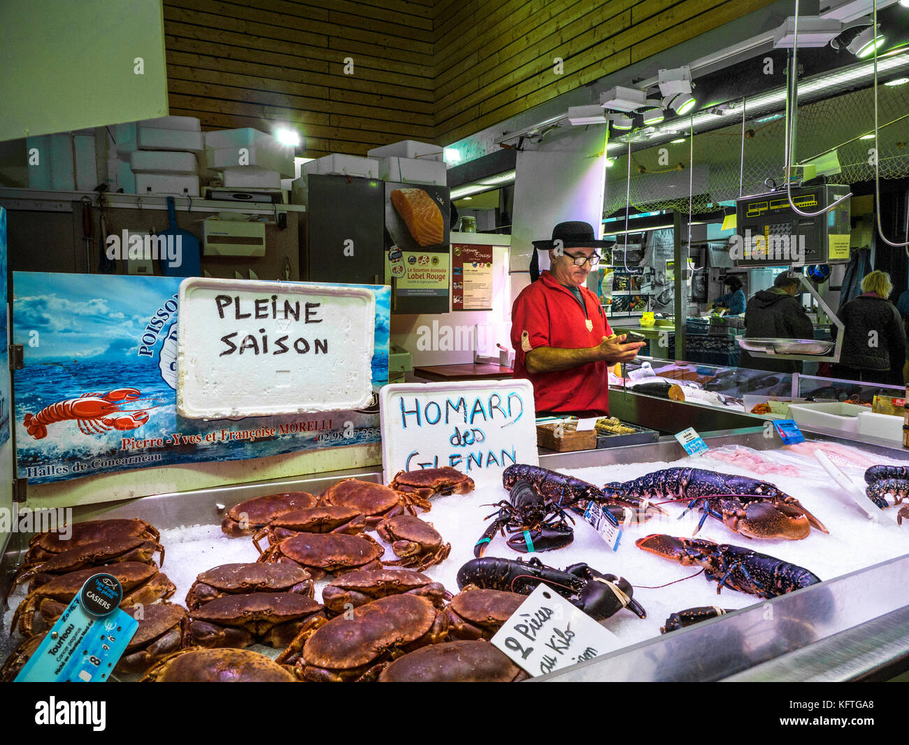BRETON FISHMONGER LIVE BLUE LOBSTER CRAB FISH MARKET STALL CONCARNEAU ...
