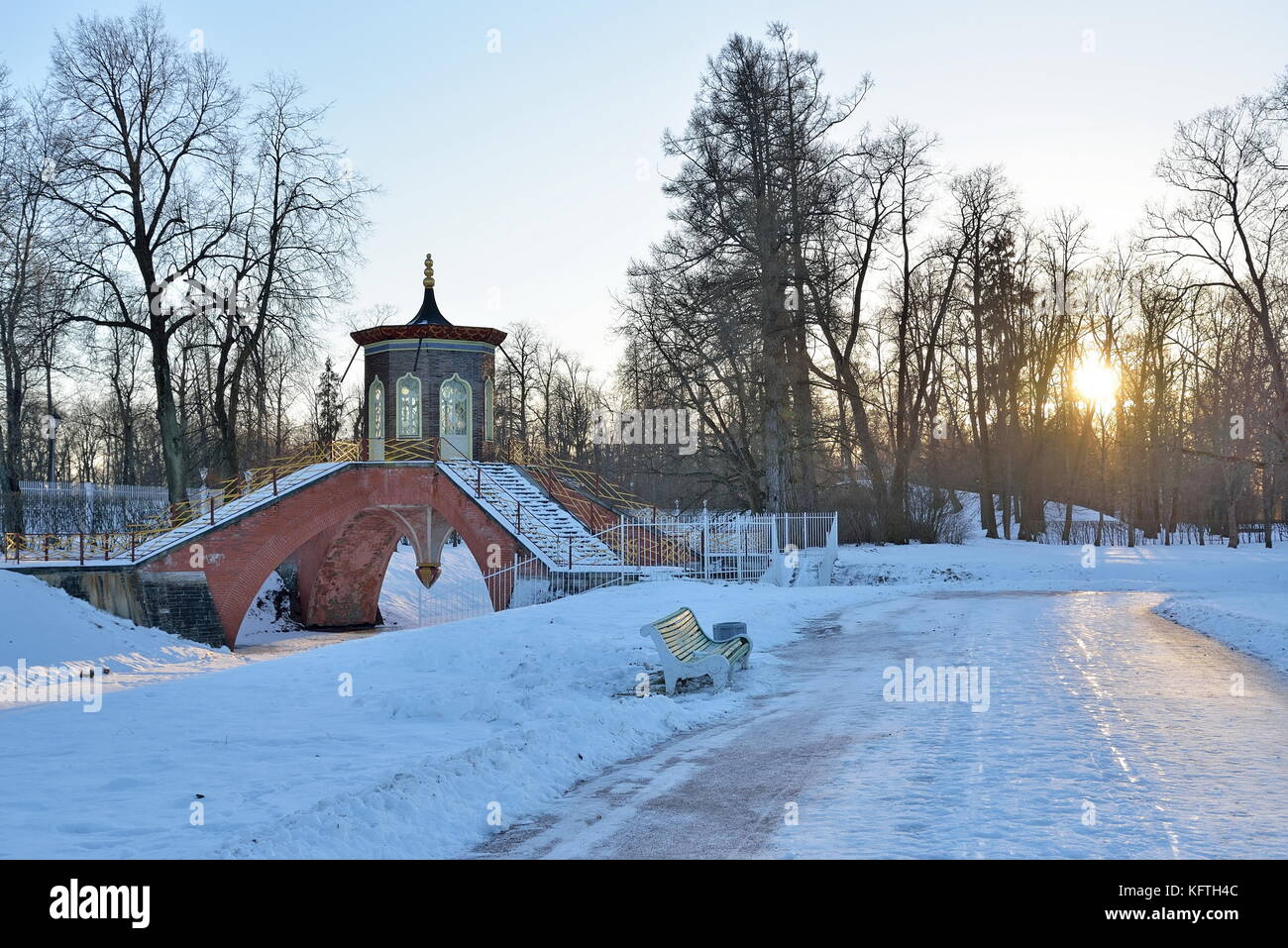 Cross the bridge in the Alexander Park in winter. Pushkin, Tsarskoye ...