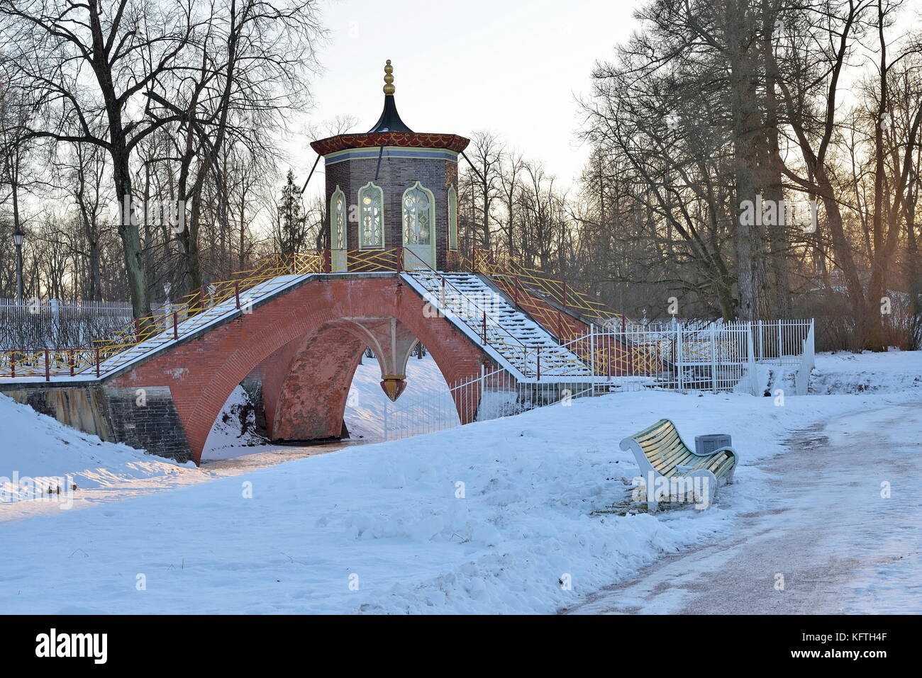 Cross the bridge in the Alexander Park in winter. Pushkin, Tsars Stock ...