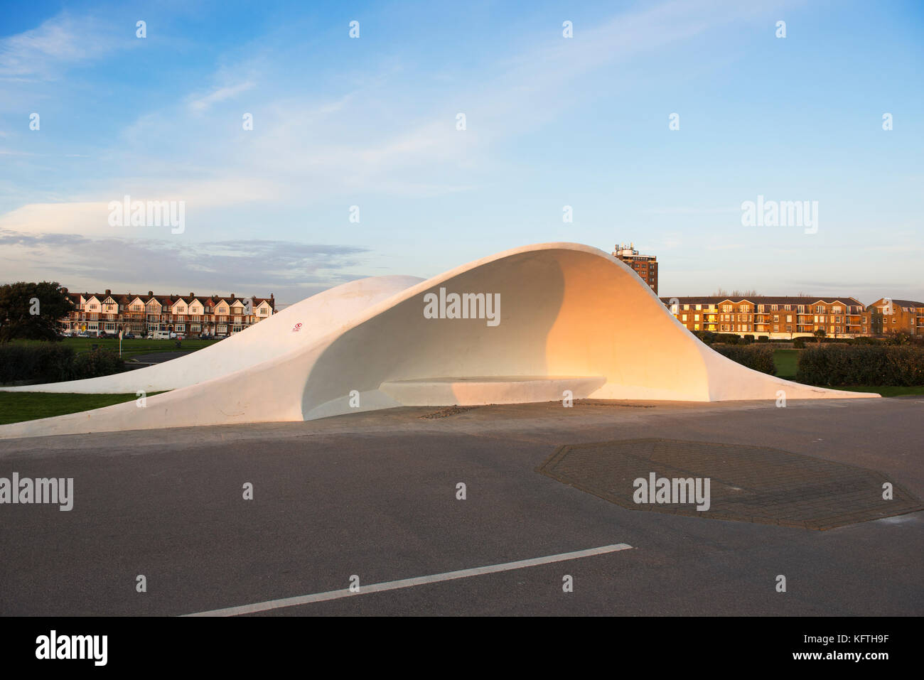 A shell-shaped shelter on the seafront at Littlehampton on an autumn ...