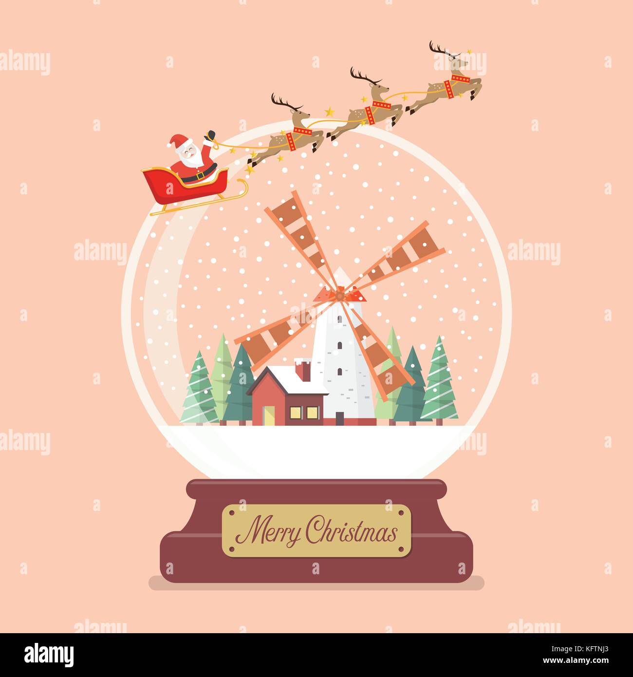 Merry christmas glass ball with Santa sleigh and winter rural scene ...