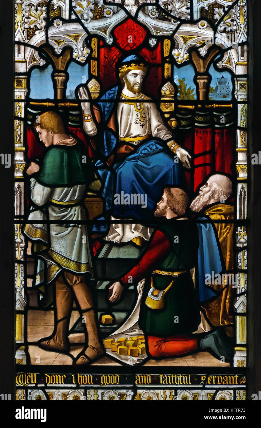 The Parable of the Talents. Detail of East window, Church of Saint Bega ...