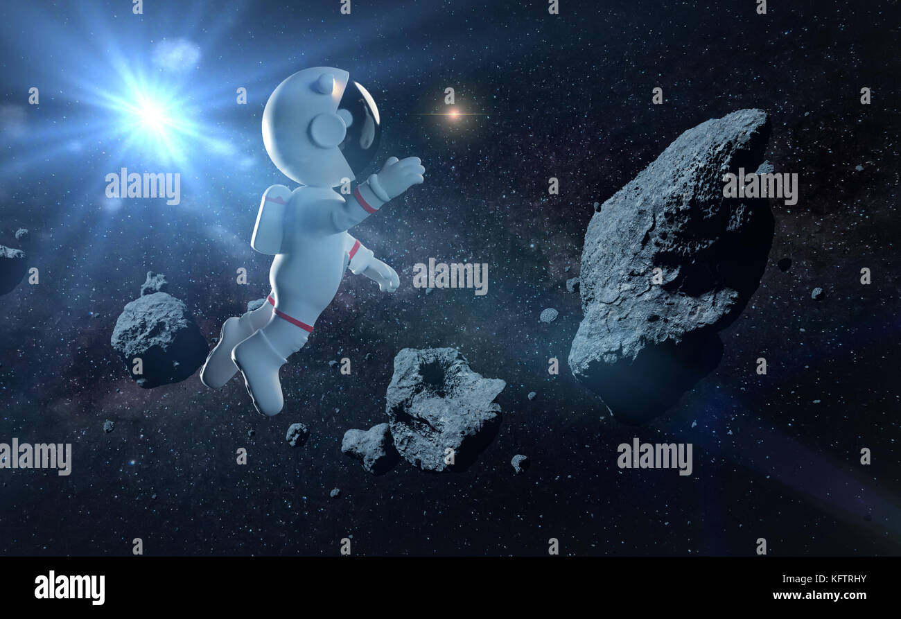 cute white cartoon astronaut flying between asteroids in zero gravity ...
