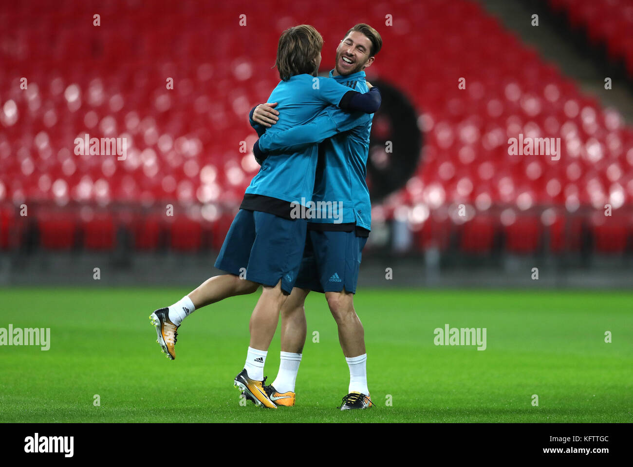 Real Madrid's Luka Modric and Sergio Ramos during the training session ...