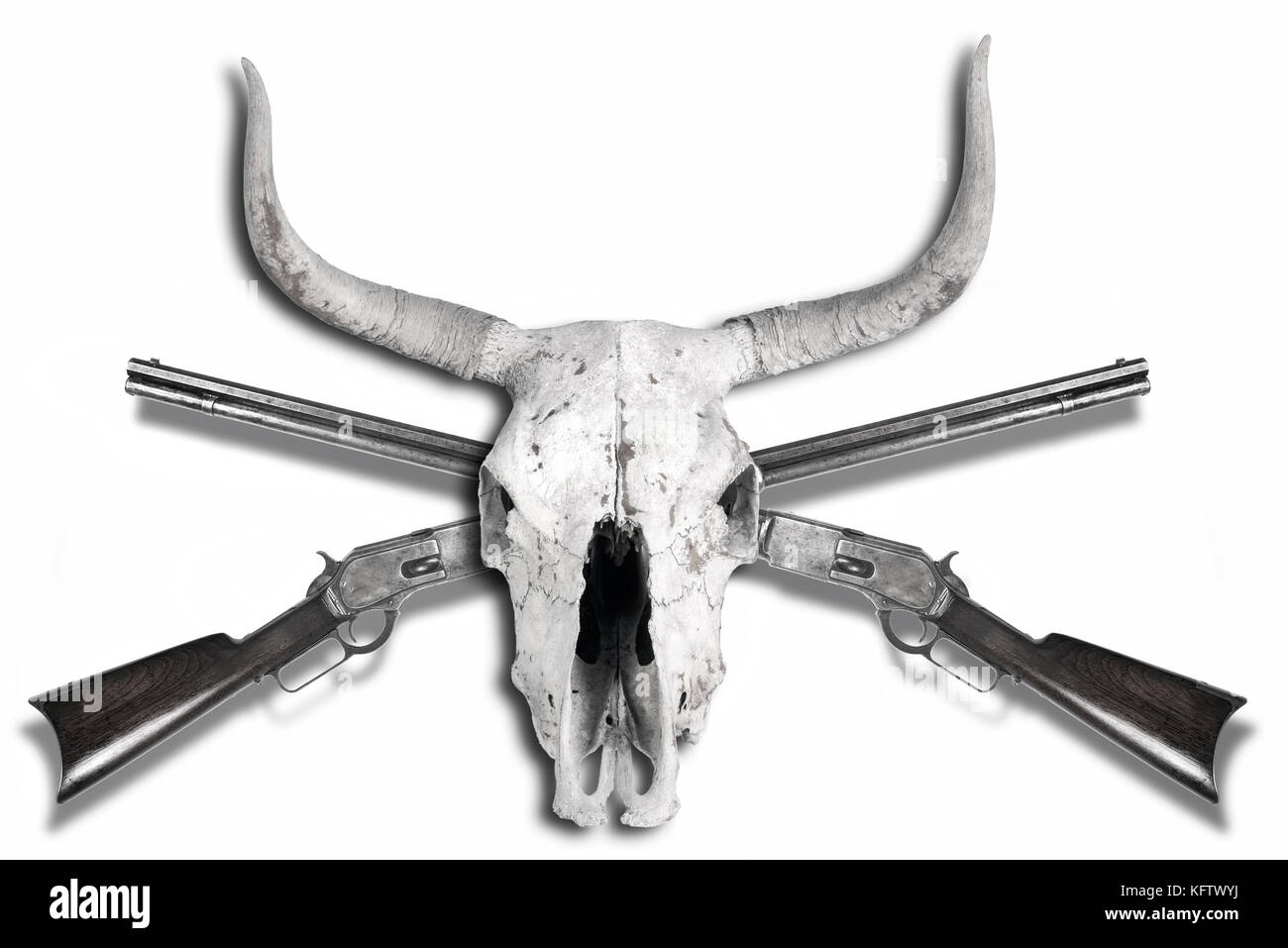 Antique cowboy lever action rifles and cow skulls in black and white ...