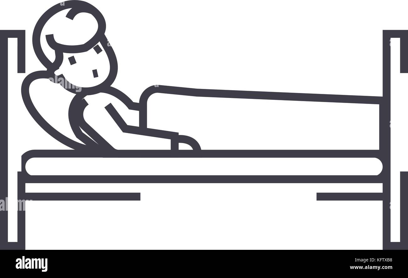 patient in hospital bed vector line icon, sign, illustration on ...