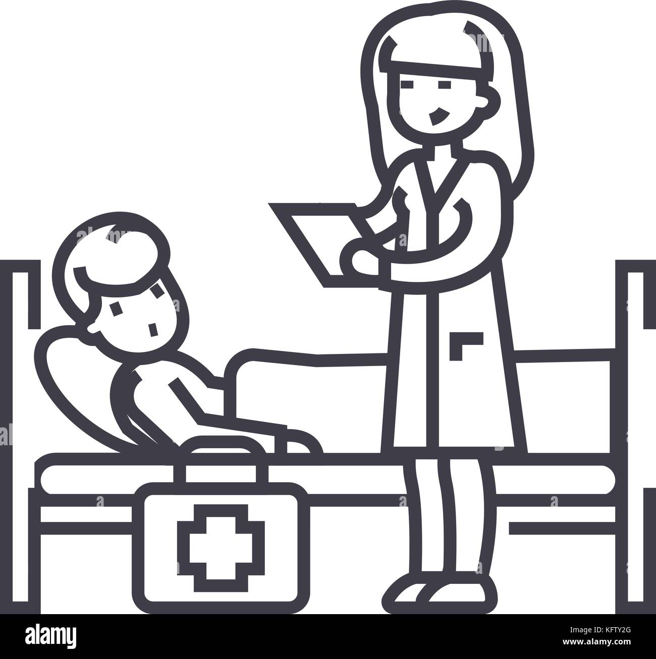 nurse and patient vector line icon, sign, illustration on background ...