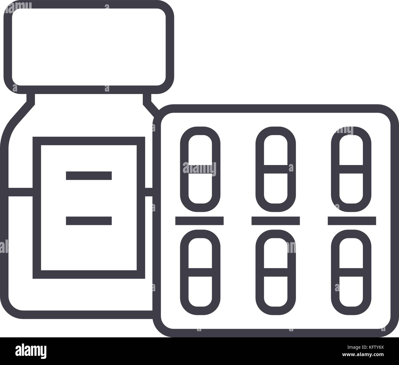 pills and tablets and bottle vector line icon, sign, illustration on ...