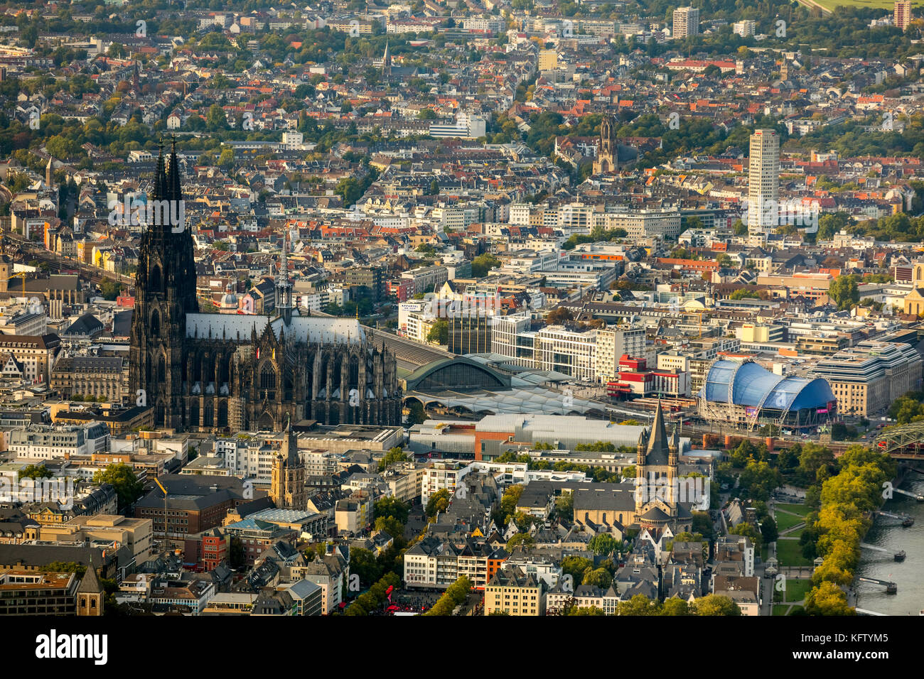 South of Cologne with Cologne Cathedral and the Old Town and the Rhine ...