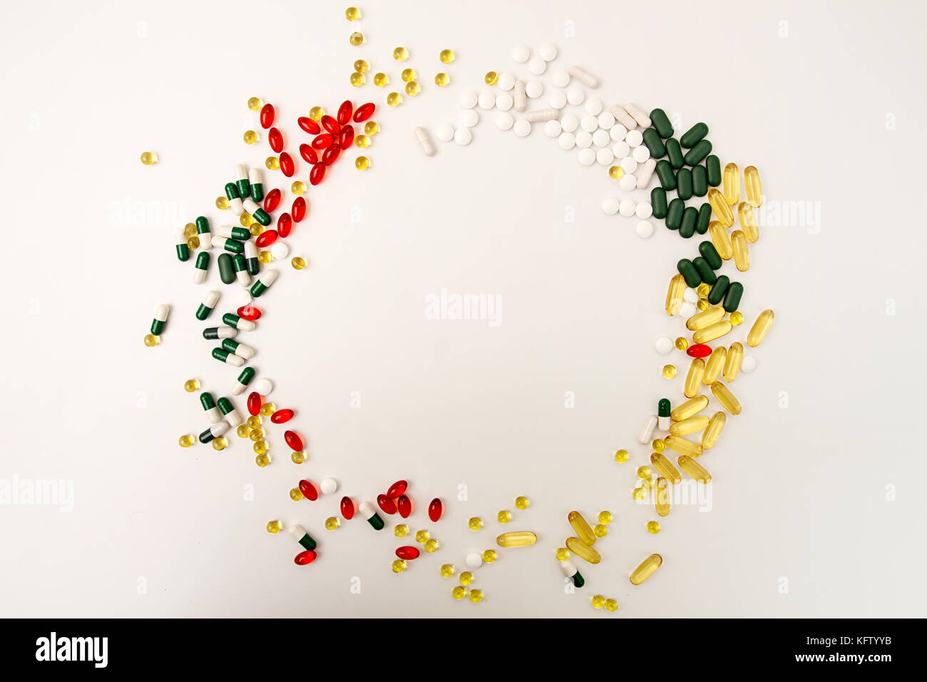 Pills background. Circle of assorted various medicine tablets and pills ...