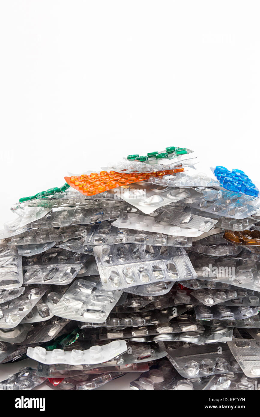 Heap of empty assorted various medicine tablets pills blisters ...