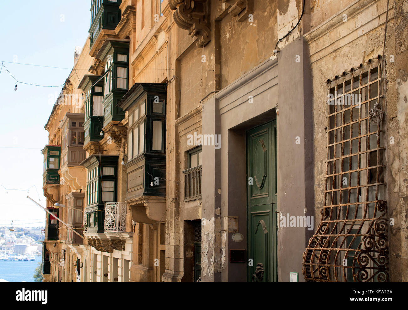 Close up view of old, historical buildings in Valletta / Malta. Image ...
