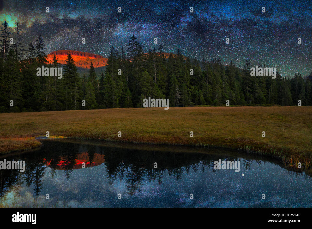 Milky Way over mountains and lake with reflection Stock Photo - Alamy