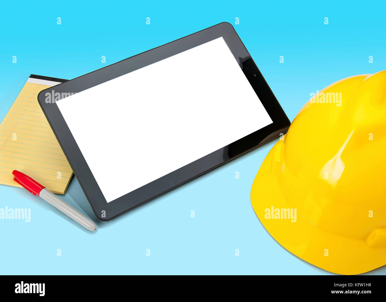 Builder architect using electronic tablet for blueprints Stock Photo ...