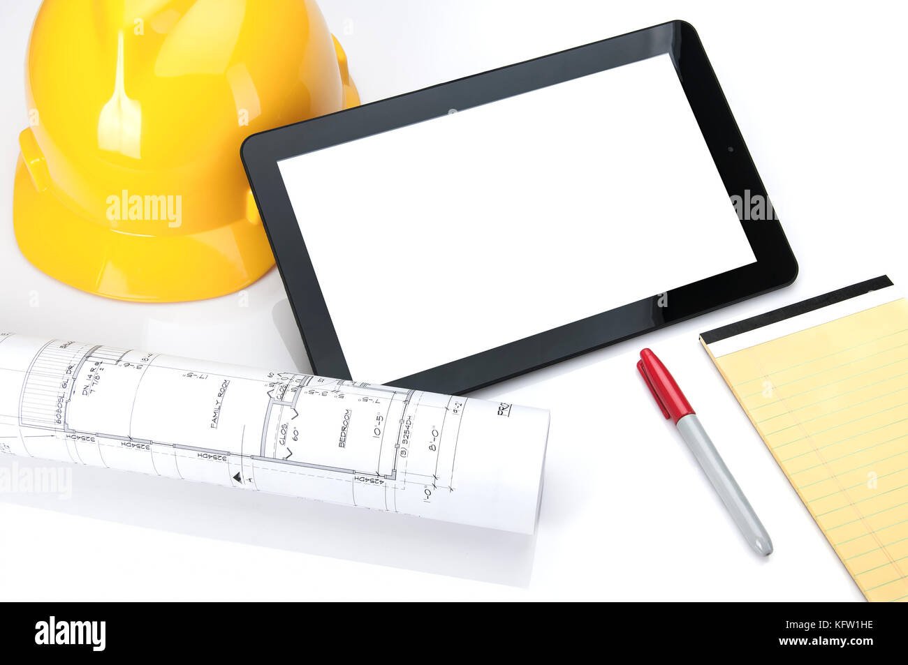 Builder architect using electronic tablet for blueprints Stock Photo ...