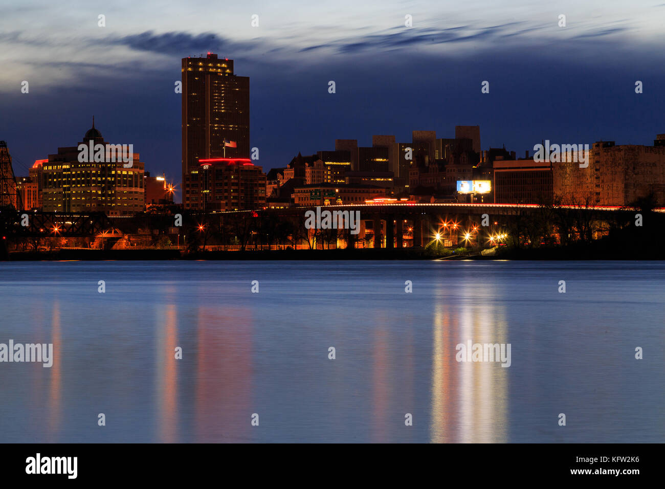 Albany NY at night looking over the Hudson River from Rensselaer on a ...