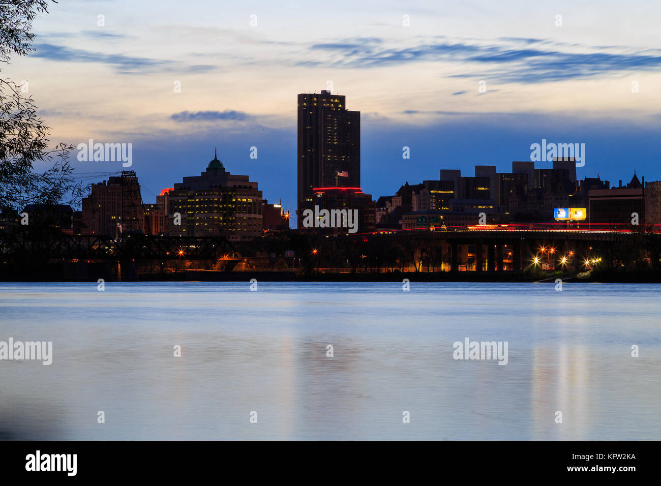 Albany NY at night looking over the Hudson River from Rensselaer on a ...