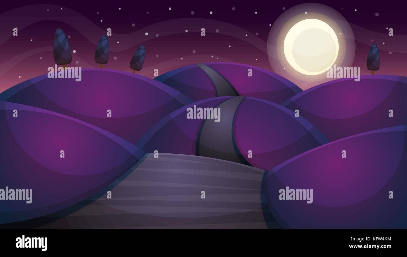 Travel night cartoon landscape. Fir, comet, star, moon, road ill Stock ...
