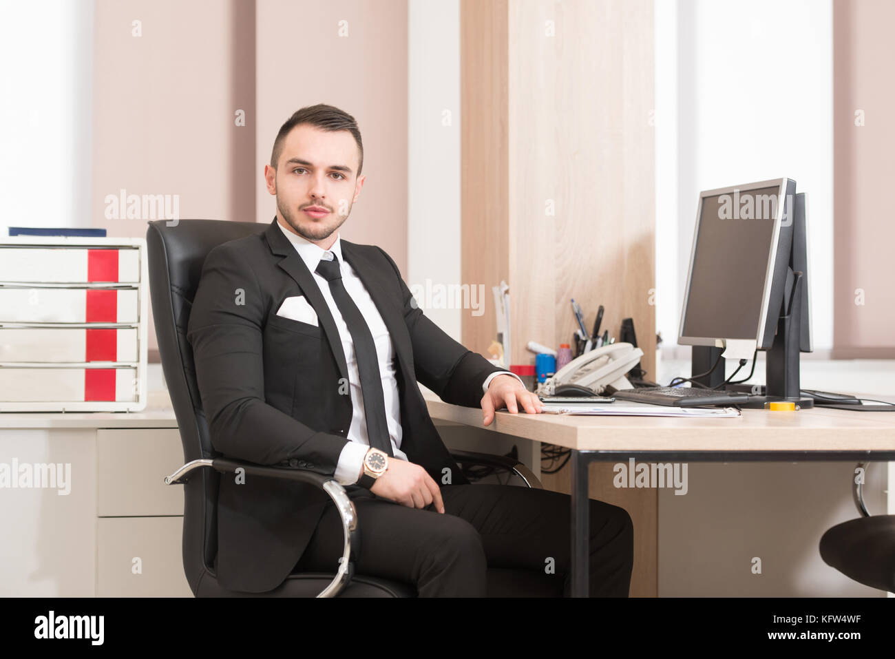 Portrait Of A Young Business Man Using A Computer In The Office Stock ...