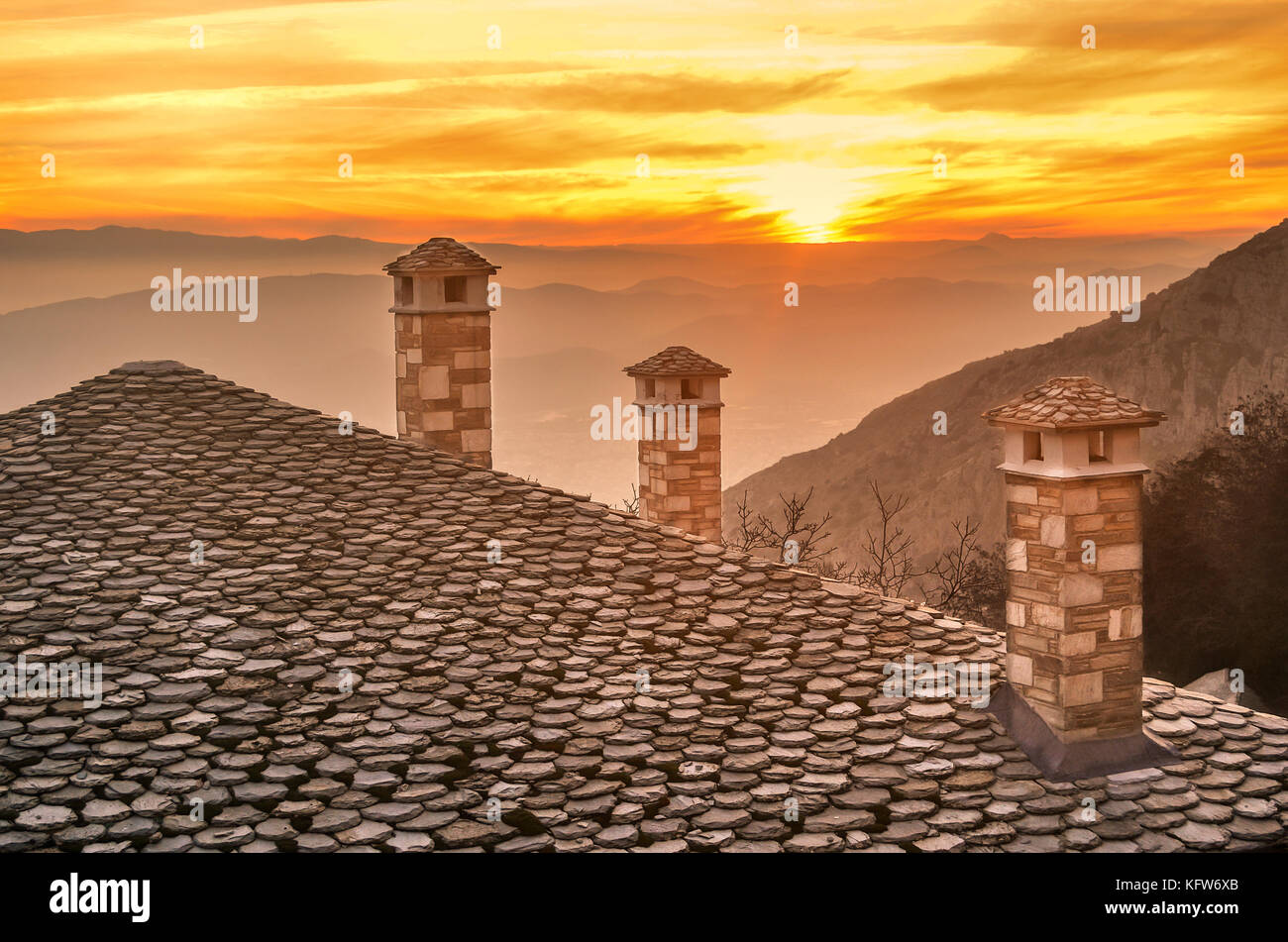 Amazing view from a slate roof with chimneys of a traditional house in ...