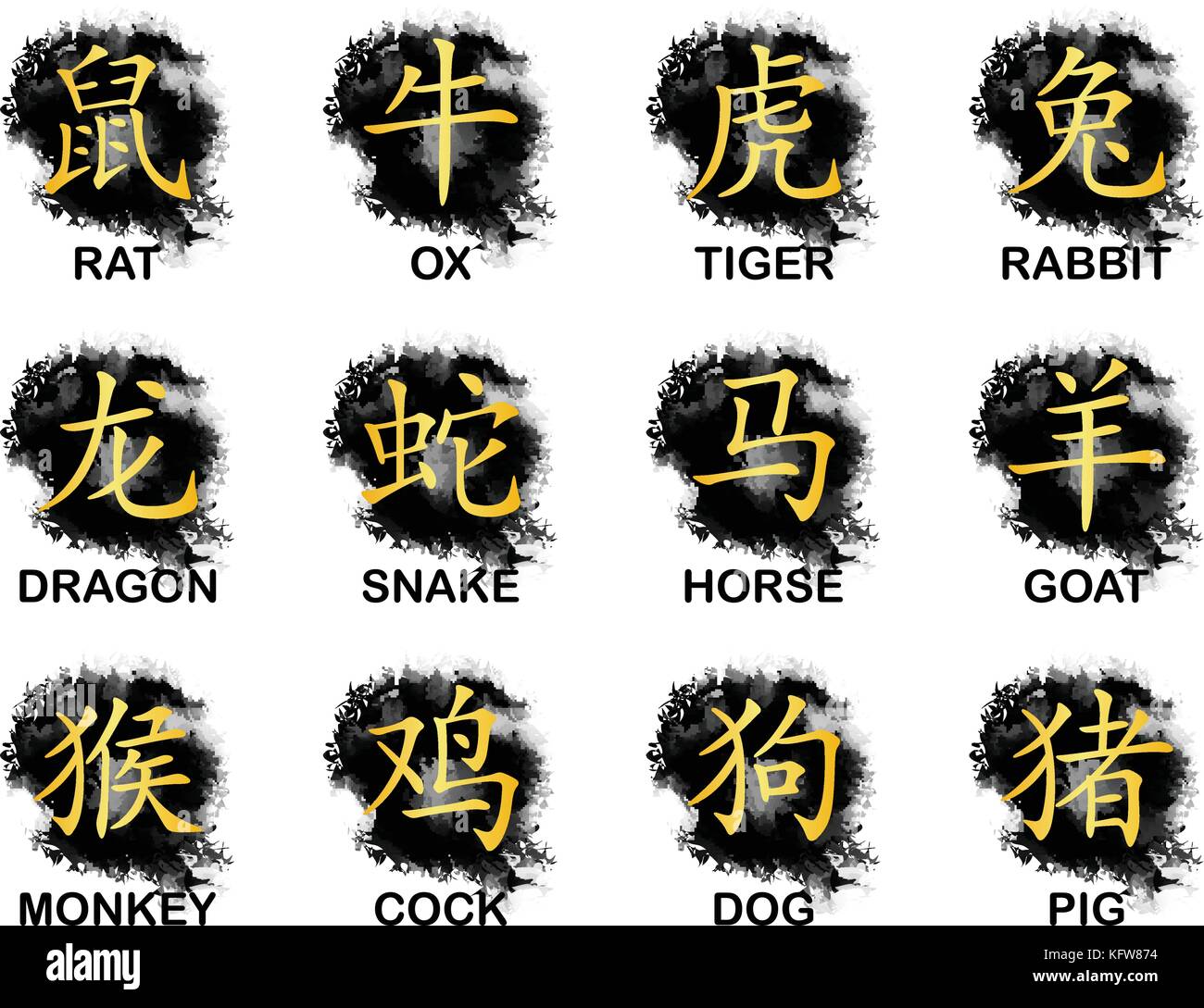 Twelve Golden Chinese word symbol of Zodiac calendar on Black ...