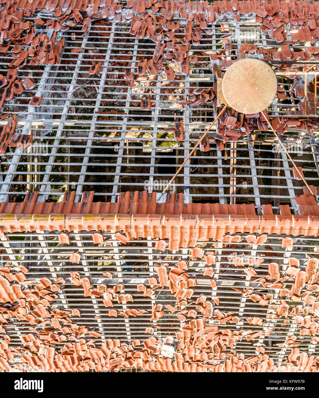 almost completely destroyed roof of a house, aerial photo Stock Photo ...