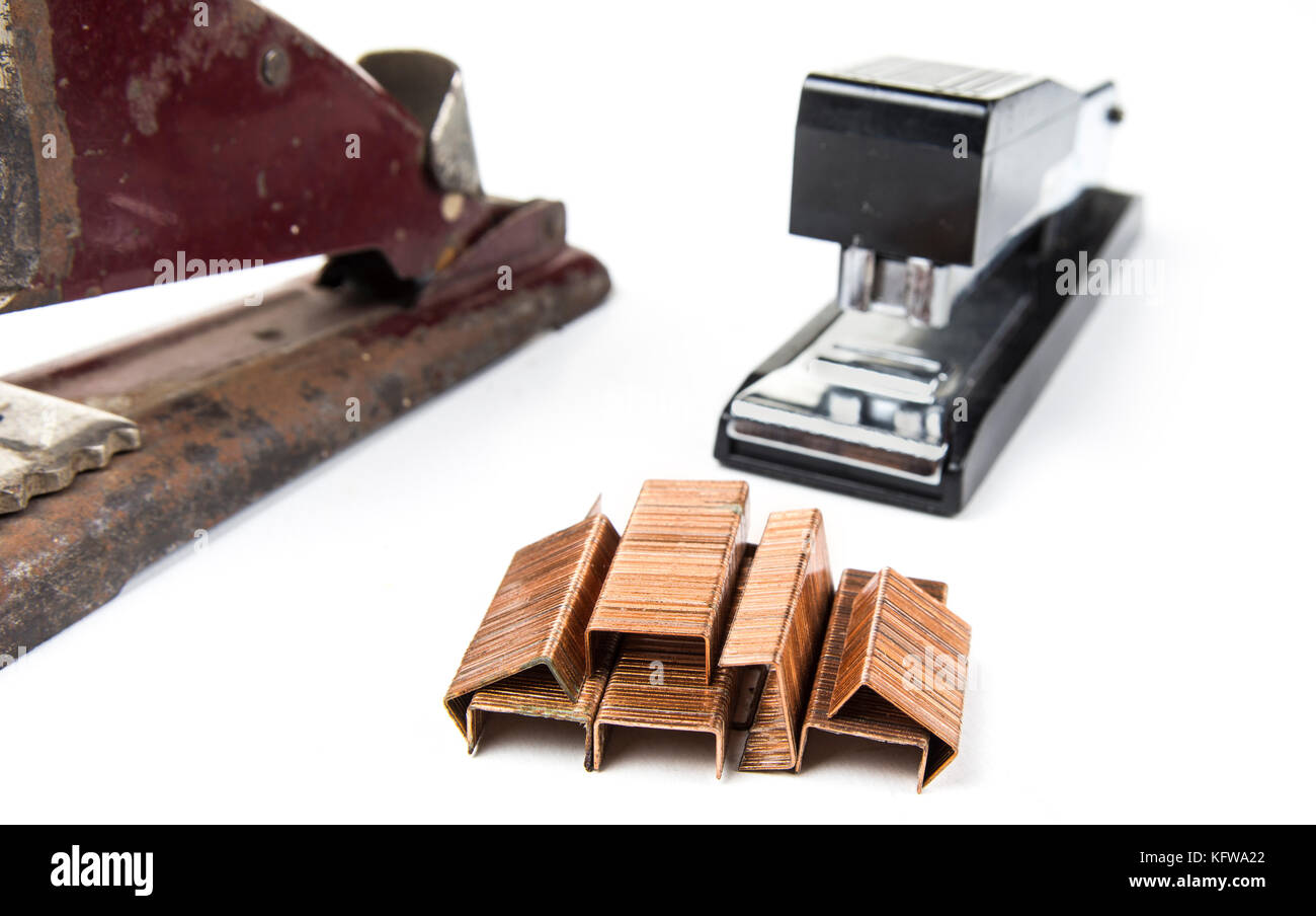 Old vintage retro metal stapler with staples isolated on white ...