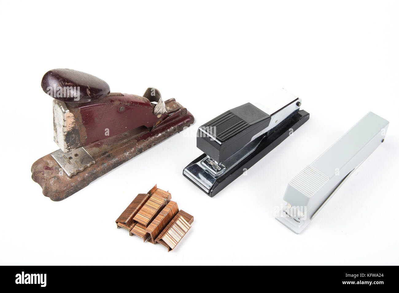 Old vintage retro metal stapler with staples isolated on white ...
