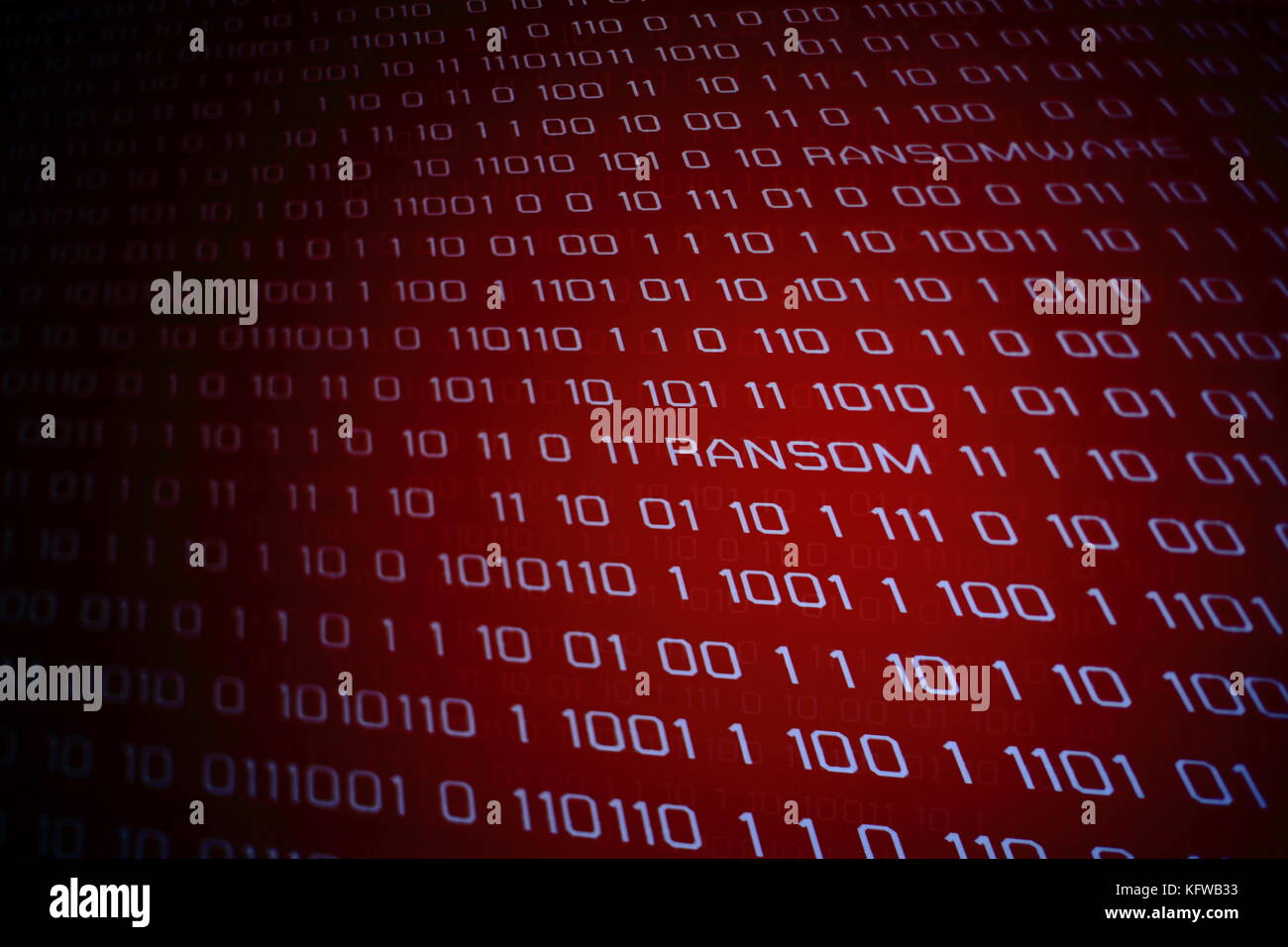 Hacked monitor. Ransomware. Binary digital numbers on red screen with ...