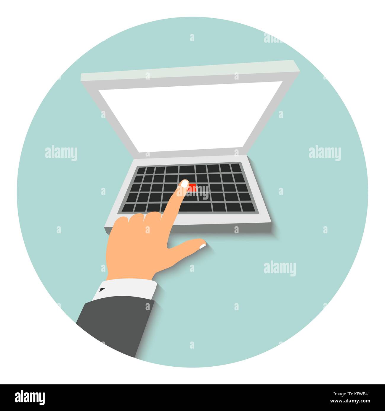 Flat design style vector illustration. The hand presses the red button ...