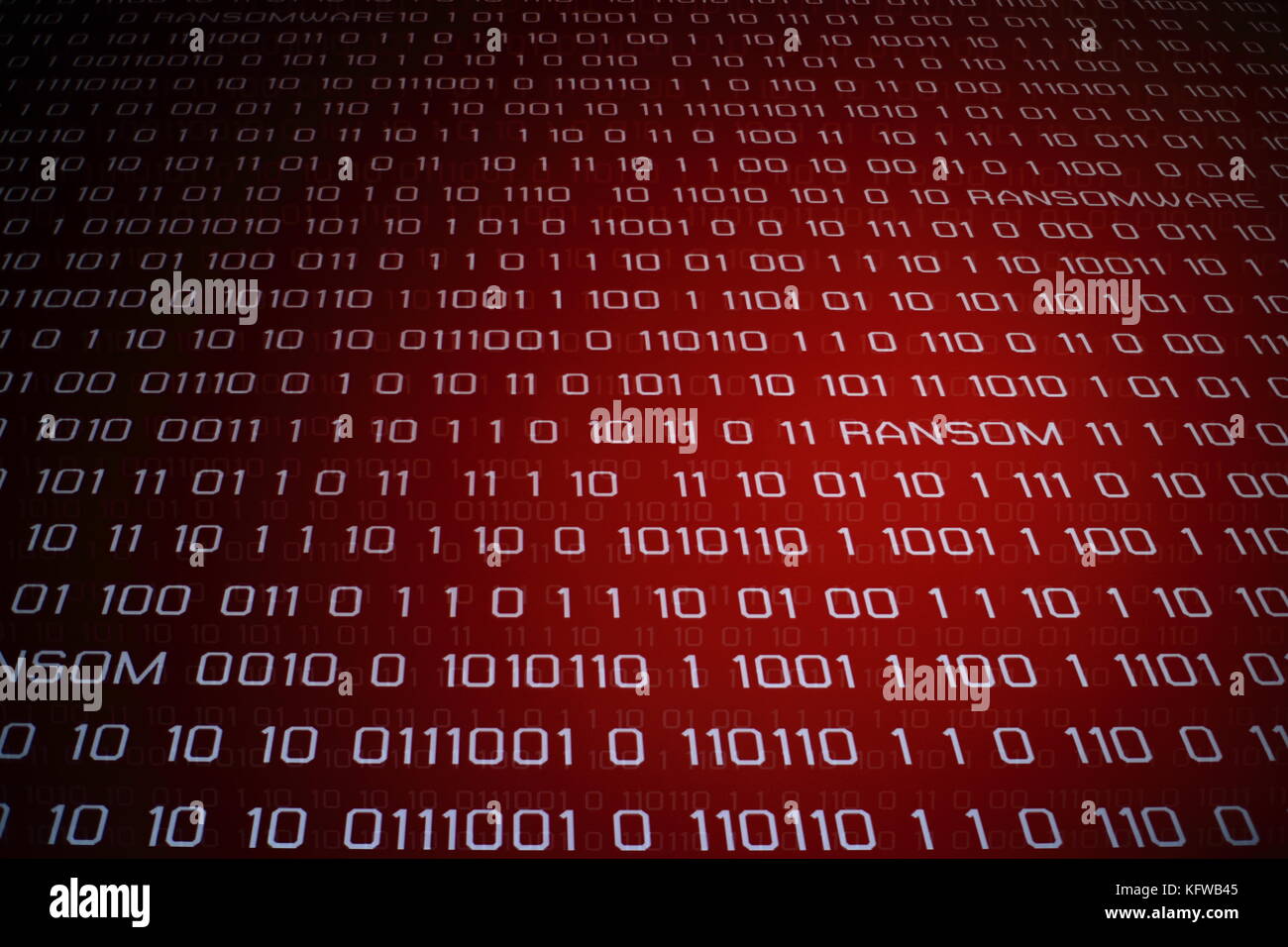 Hacked monitor. Ransomware. Binary digital numbers on red screen with ...