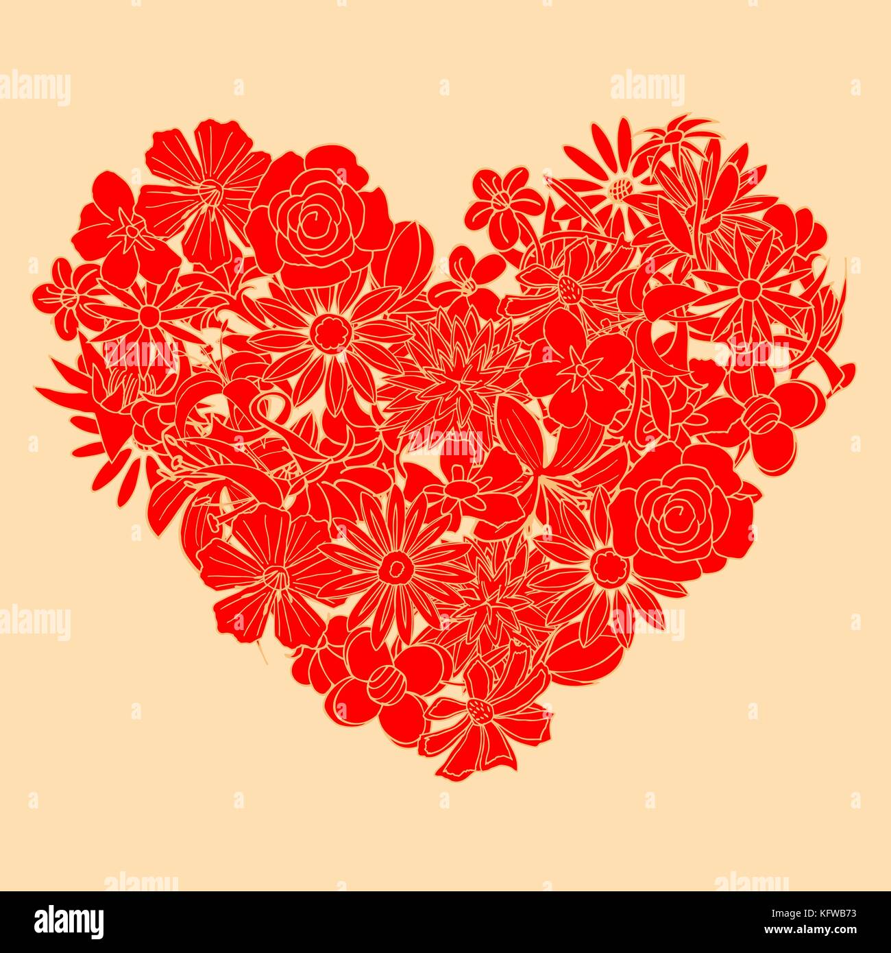 Heart shape is made of hand drawn beautiful flowers, isolated on white ...