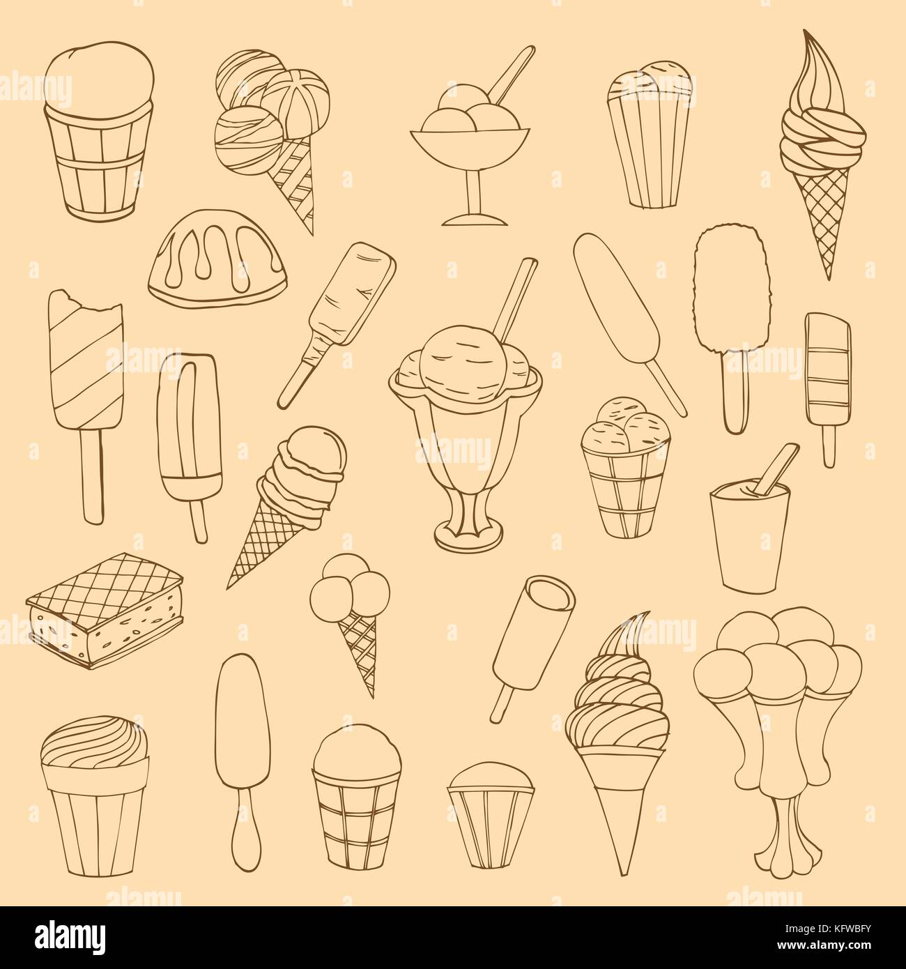 Collection of cute vector hand drawn cartoon ice cream. Cones and ice ...