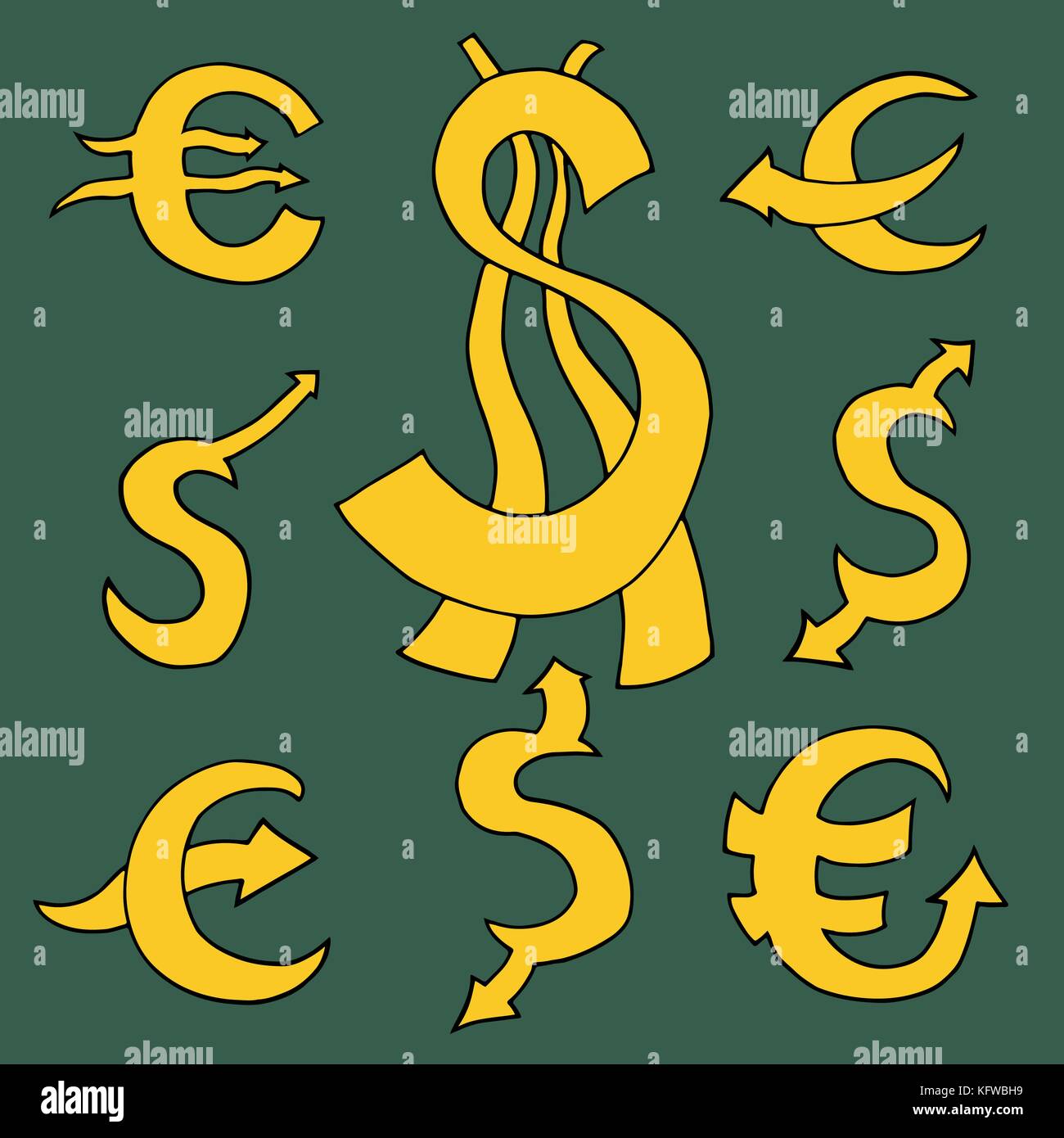 Set sketch of sign Dollar and Euro with arrows. Vector illustration ...