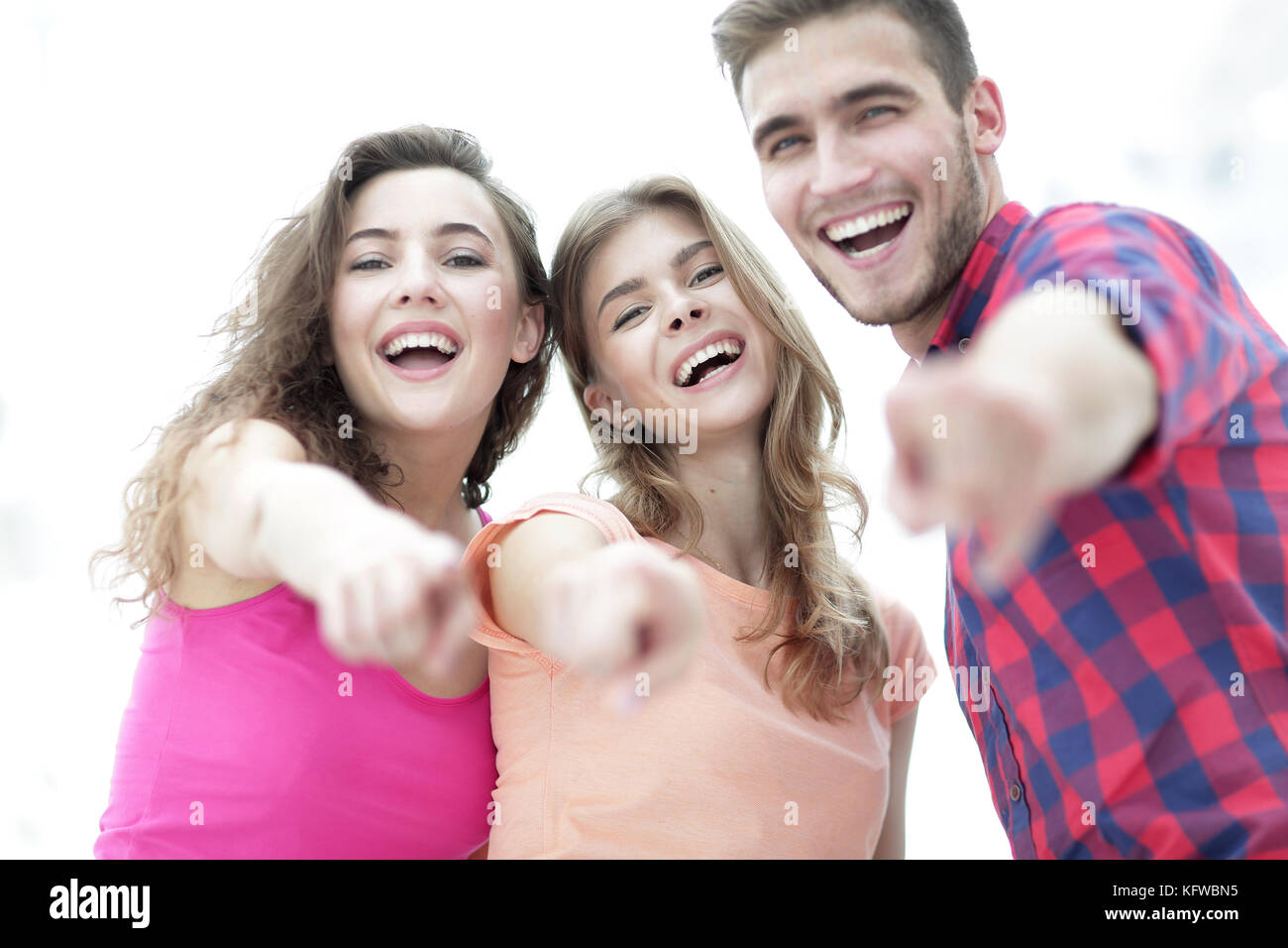 closeup of three young people showing hands forward. the concept of ...