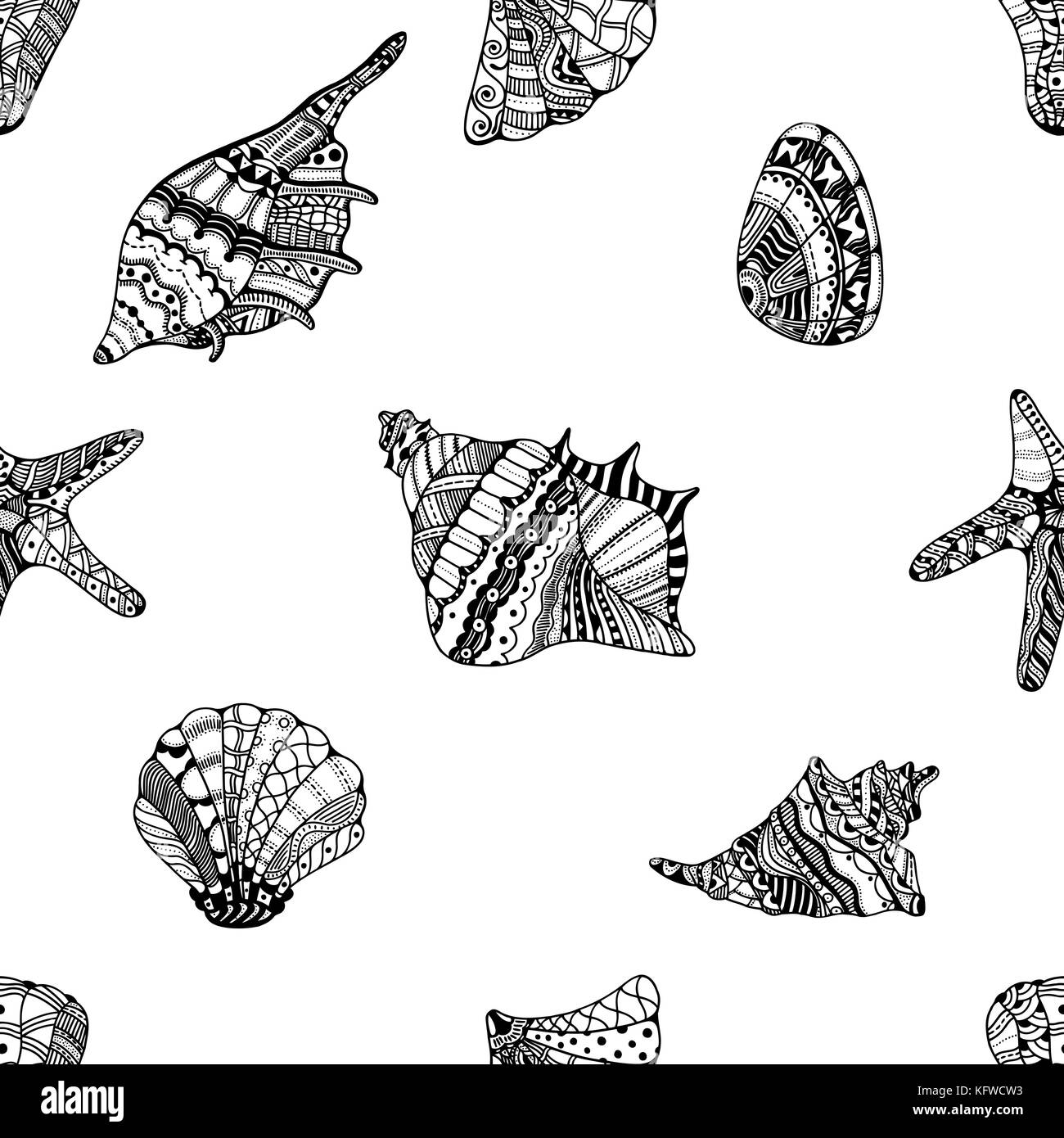 Zentangle stylized sea cockleshell seamless pattern. Hand Drawn aquatic ...