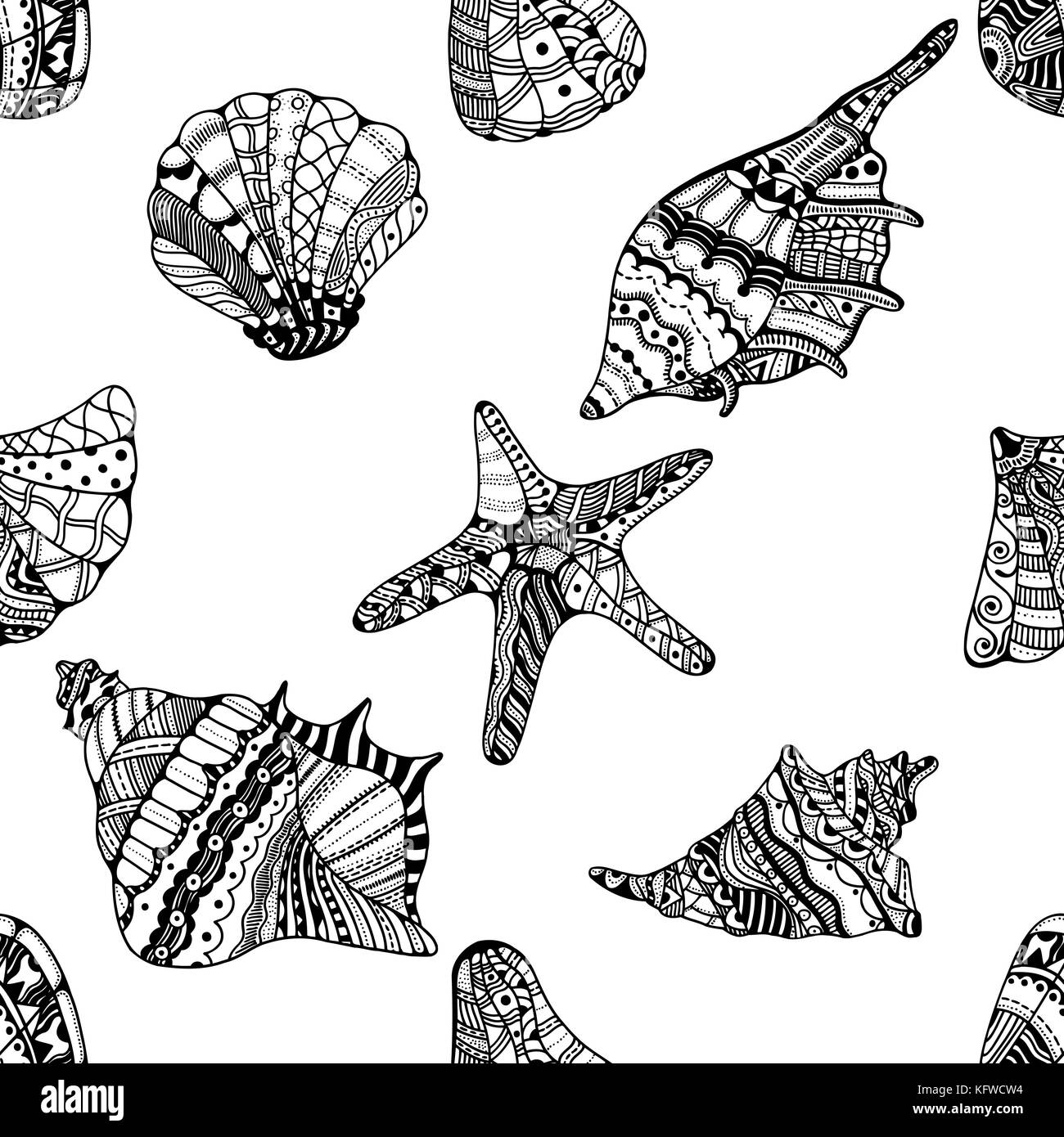 Zentangle stylized sea cockleshell seamless pattern. Hand Drawn aquatic ...