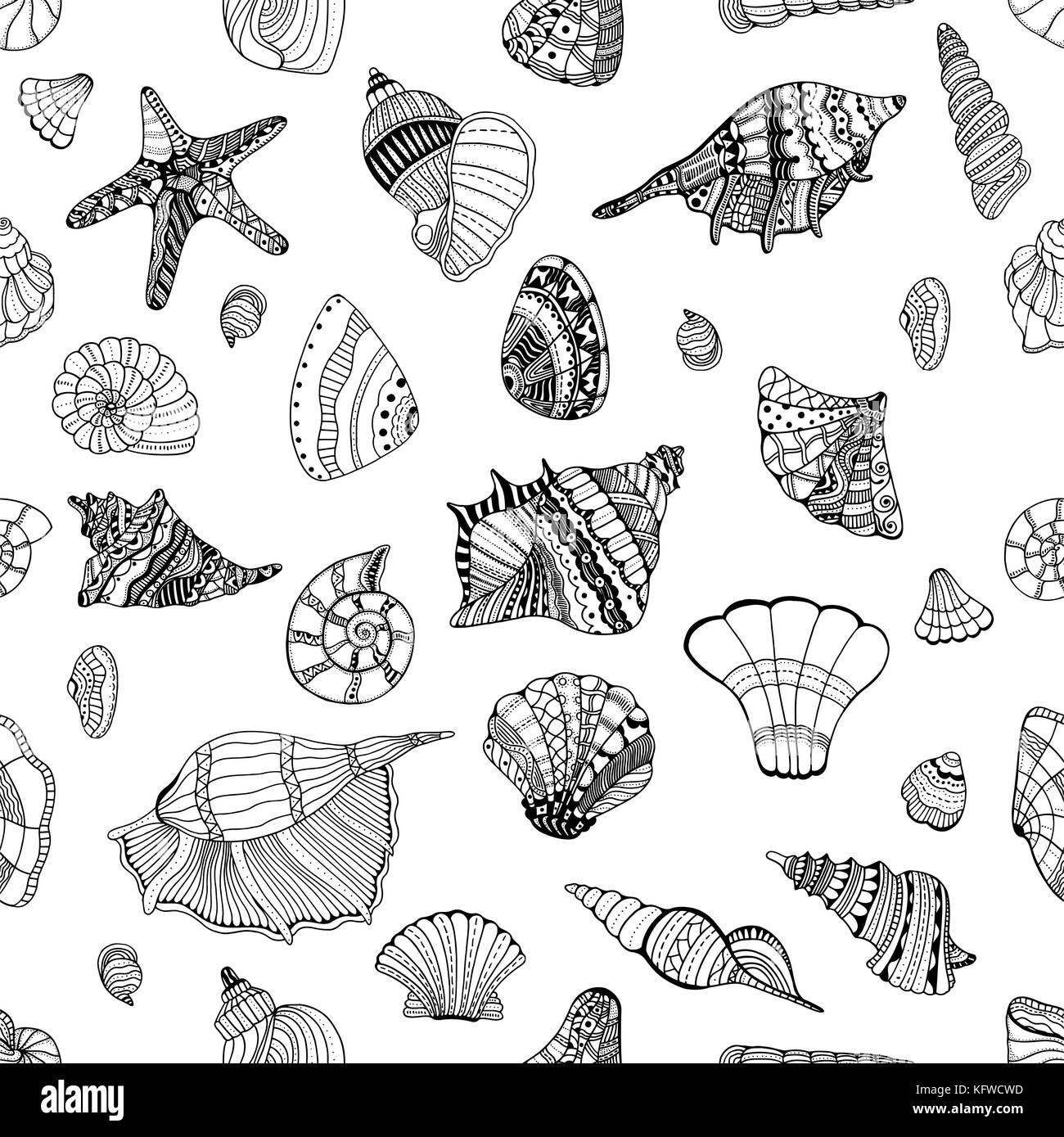 Zentangle stylized sea cockleshell seamless pattern. Hand Drawn aquatic doodle vector ...