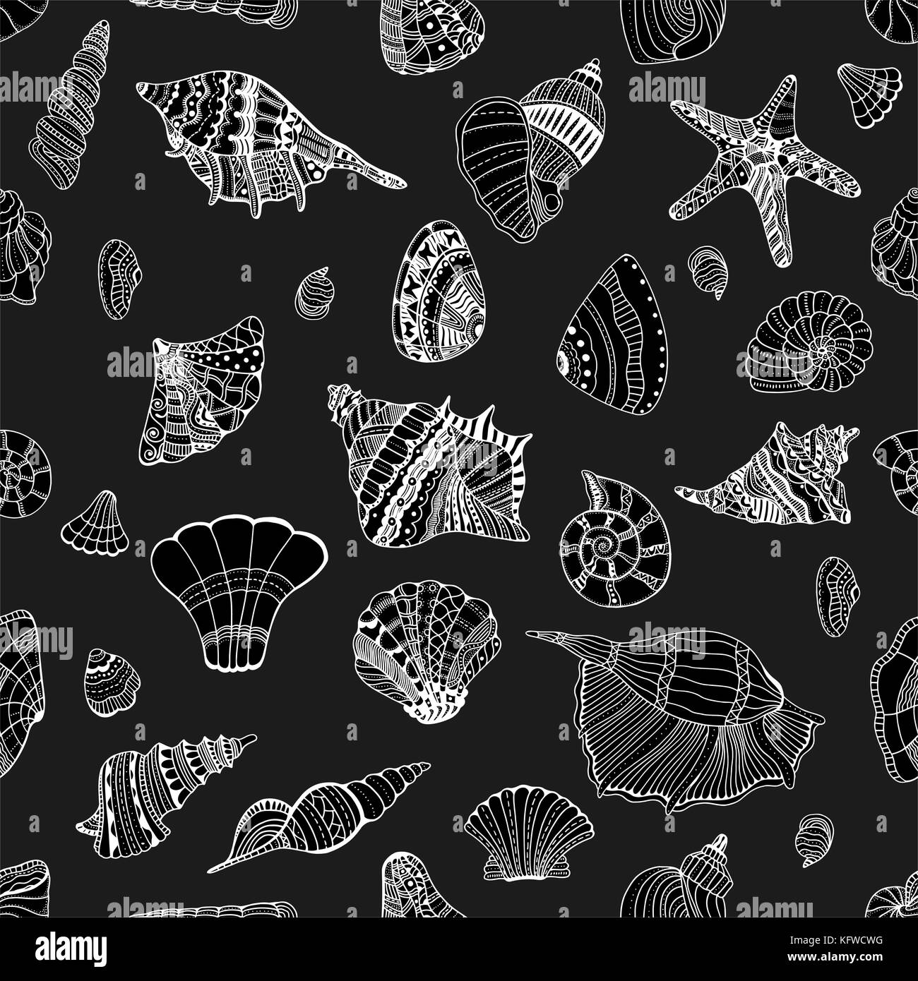 Zentangle stylized sea cockleshell seamless pattern. Hand Drawn aquatic doodle vector ...