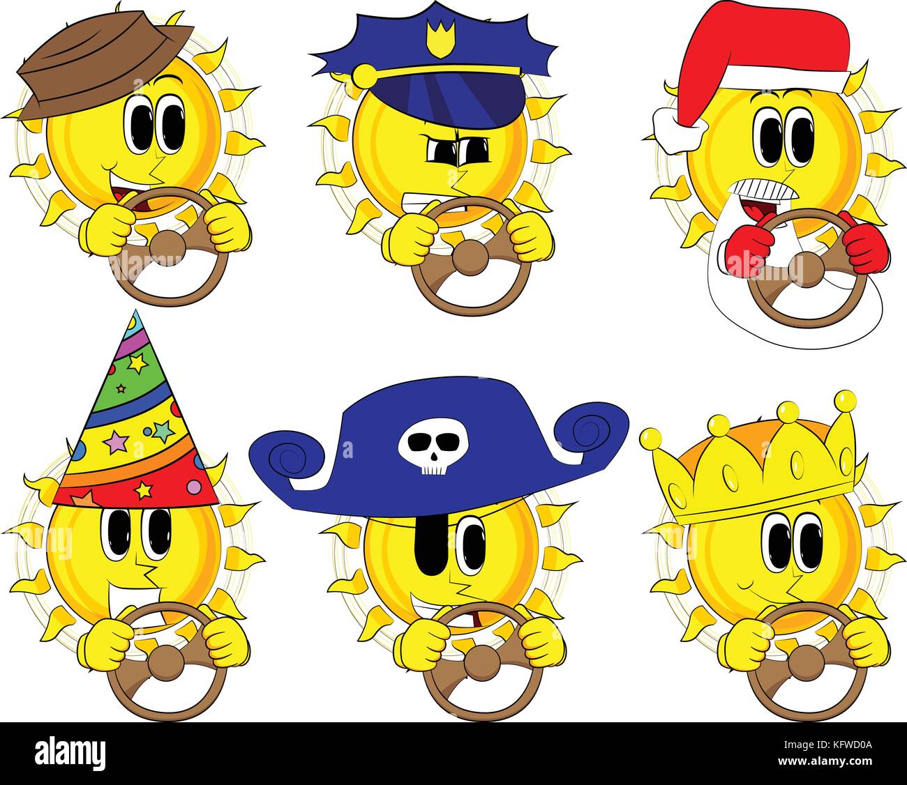 Cartoon sun driving, holding a steering wheel. Collection with costume ...
