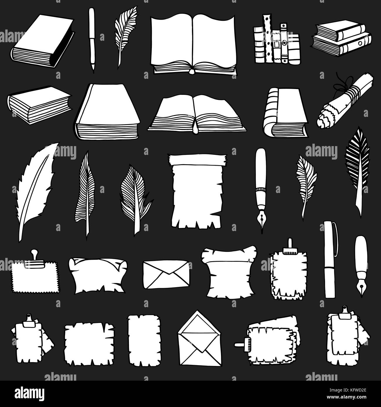 Monochrome Hand Drawn Illustrations of Big Set Books and pen. Doodle ...