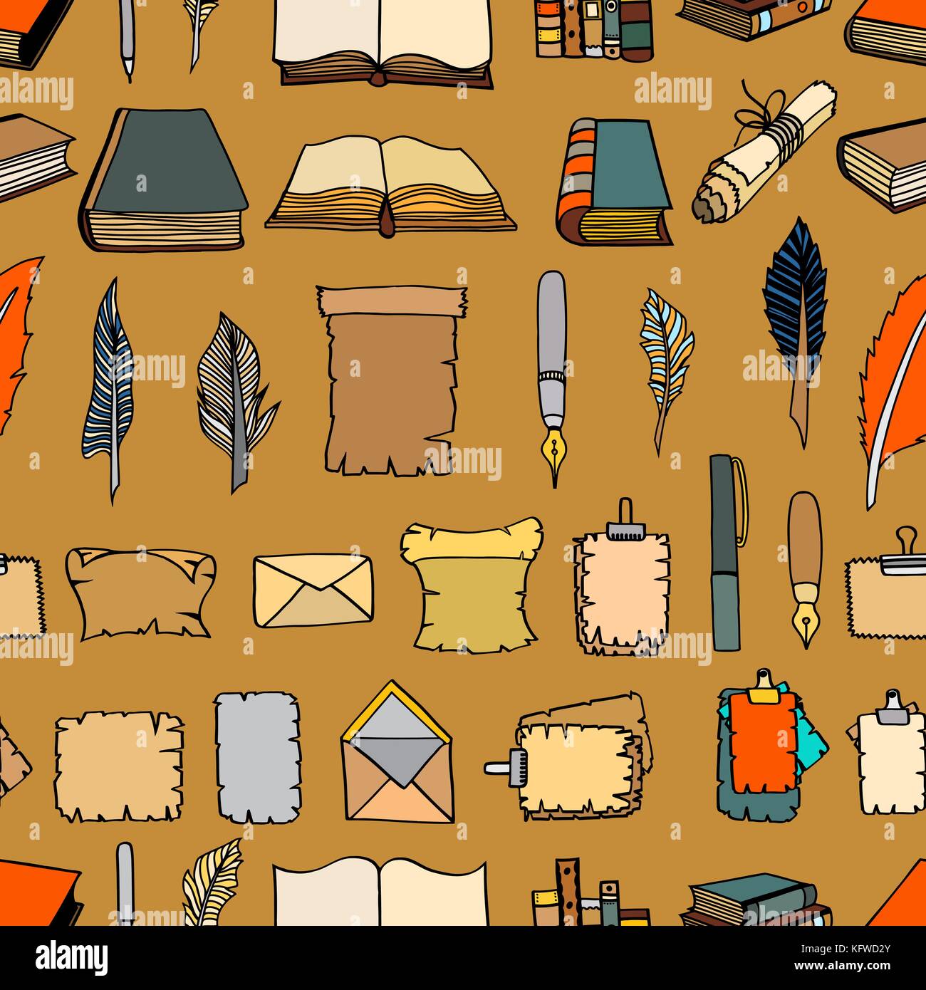 Seamless Hand Drawn Illustrations Pattern of Big Set Books and pen ...